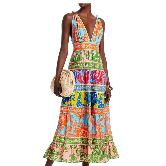 FARM Rio | Dresses | Farm Rio Orange And Blue Tiered Ruffled Midi ...